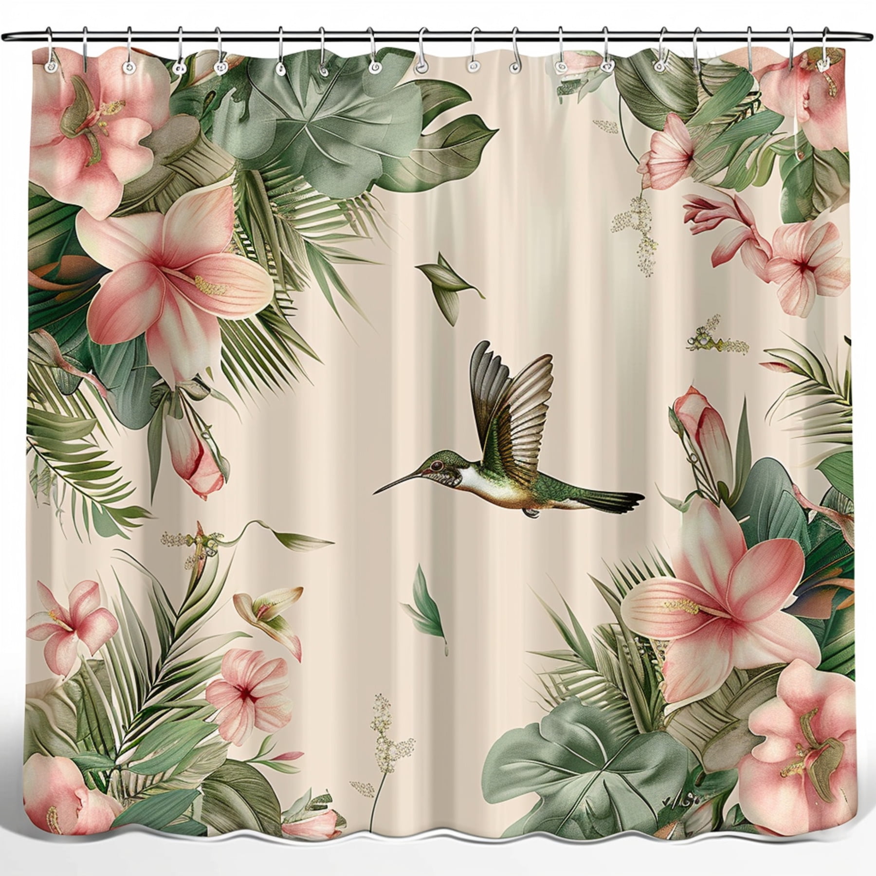 Pastel Pink And Green Tropical Rainforest Shower Curtain Set With