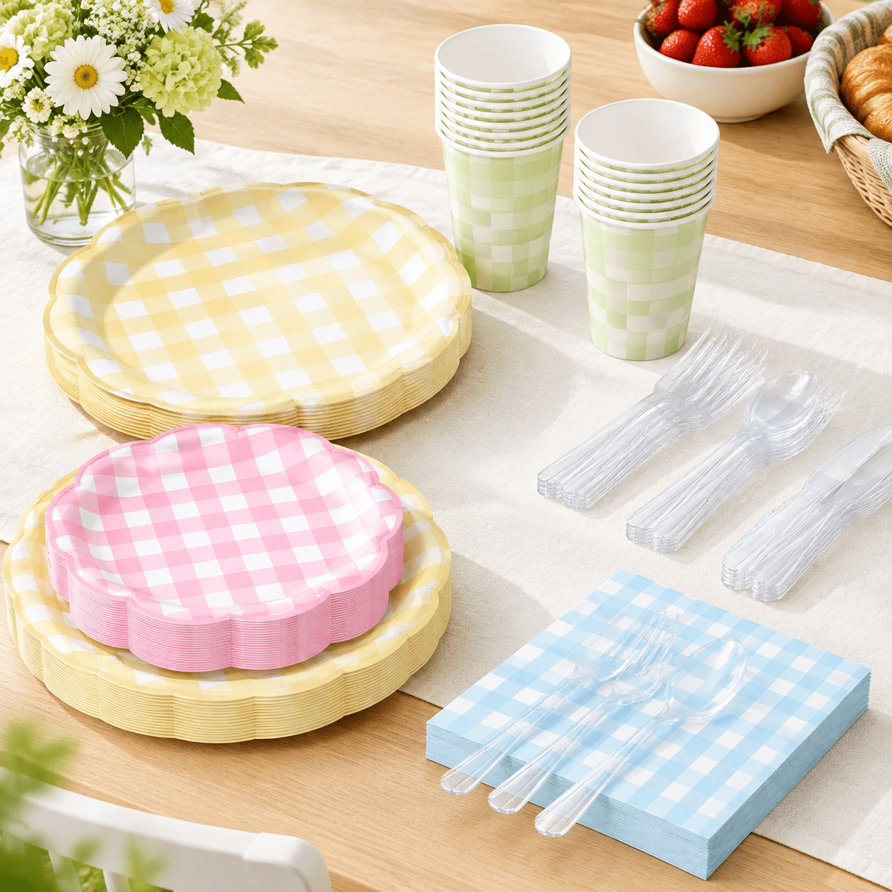 Pastel Plaid Disposable Paper Plates Tableware Set for 50 Guests ...