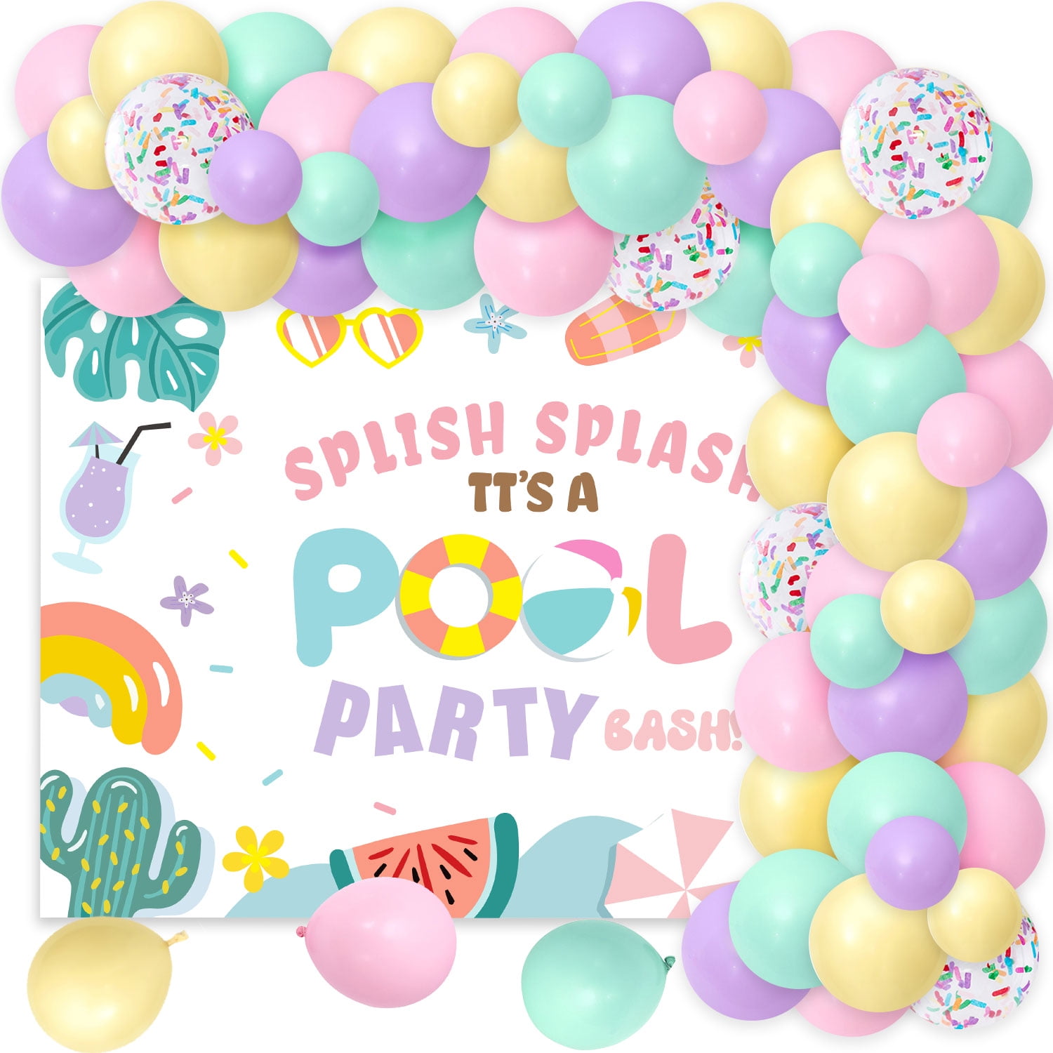 Pastel Pool Party Decorations Macaron Balloon Garland Splish Splash ...