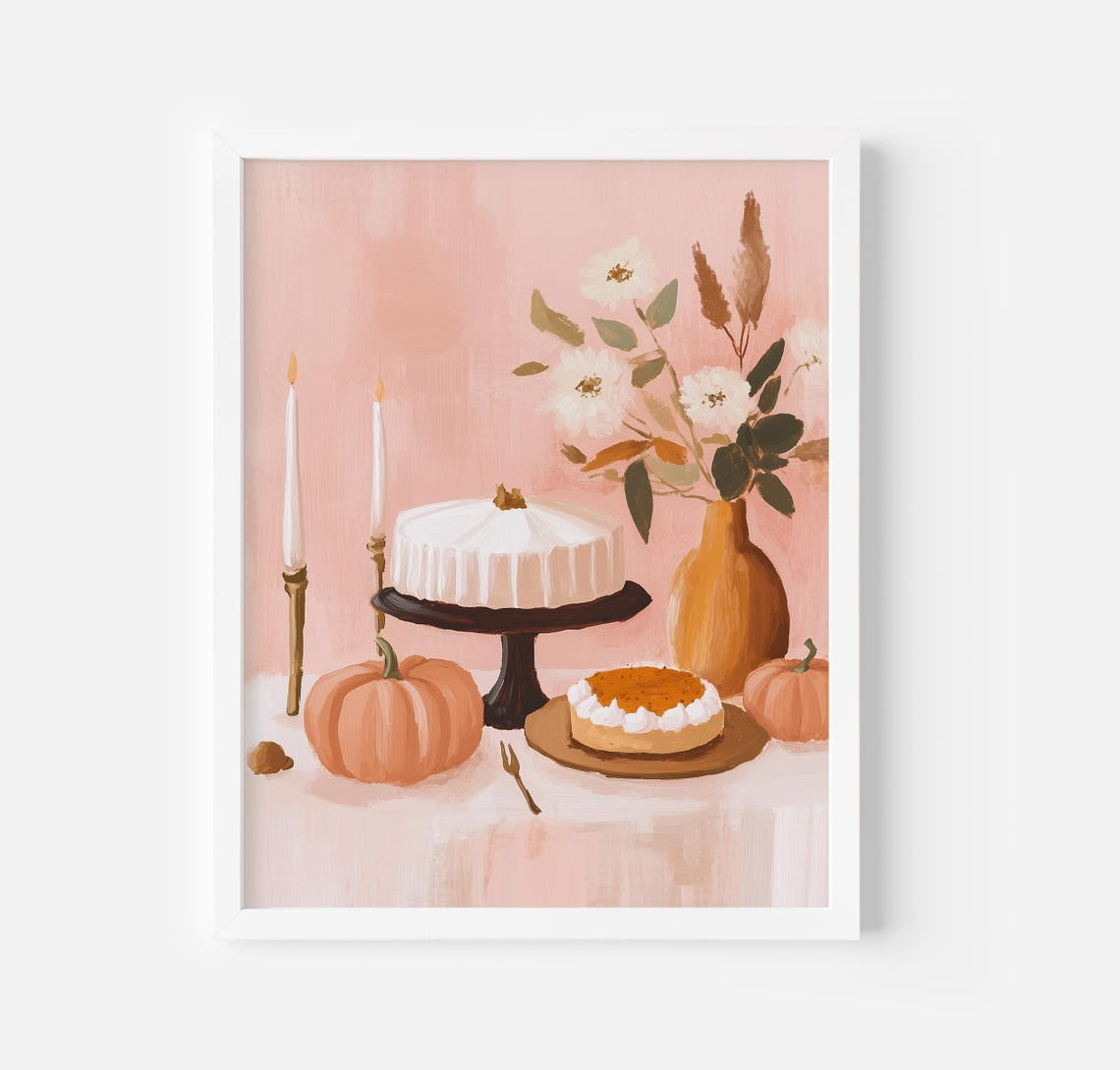 Pastel Pumpkin Pie Poster Floral Thanksgiving Kitchen Art, Unframed ...
