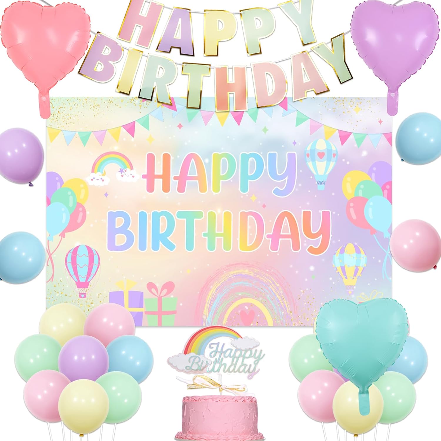 Pastel Rainbow Birthday Decorations for Girls, Colourful Happy Birthday ...
