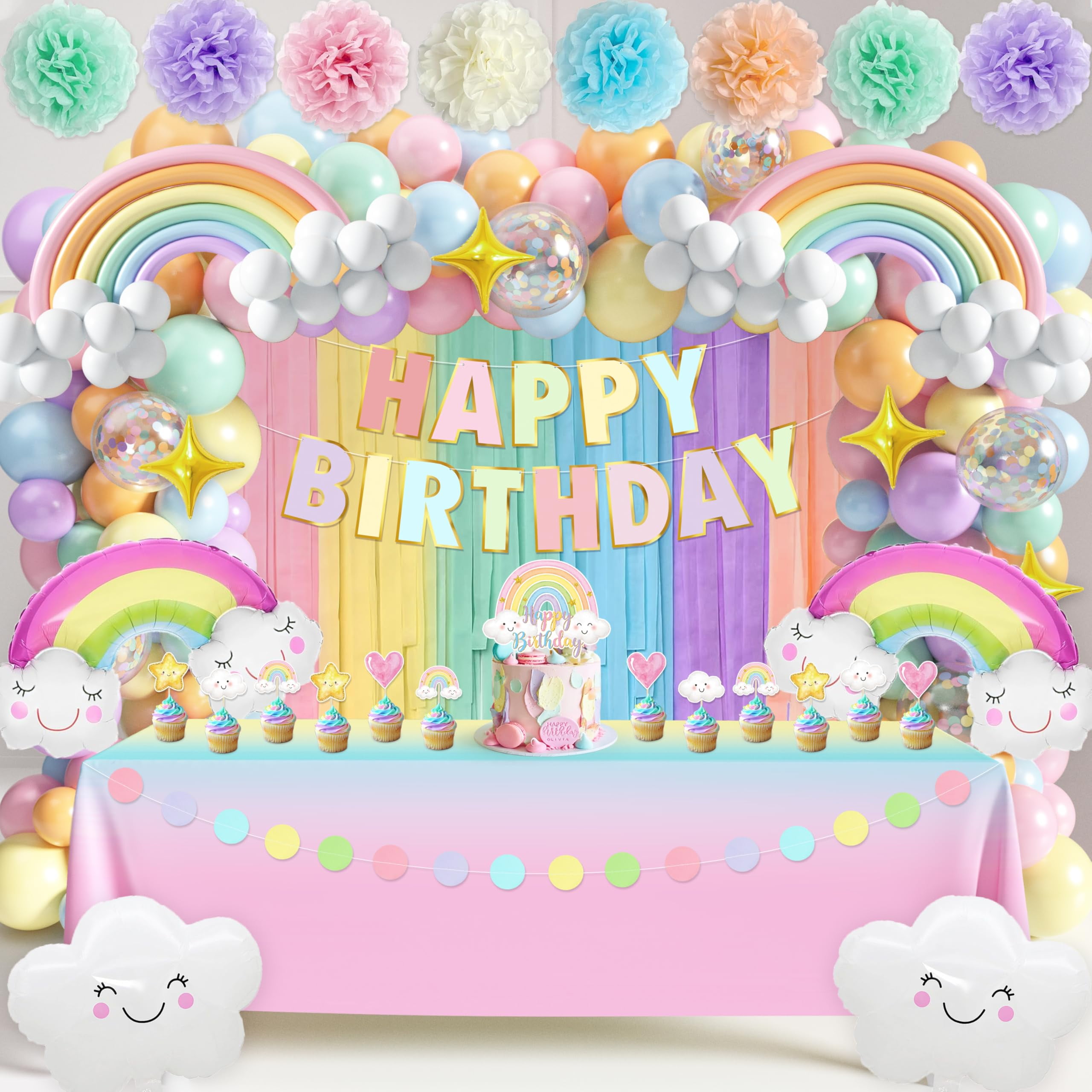Pastel Rainbow Birthday Decorations STF9 182Pcs Rainbow Party Supplies ...
