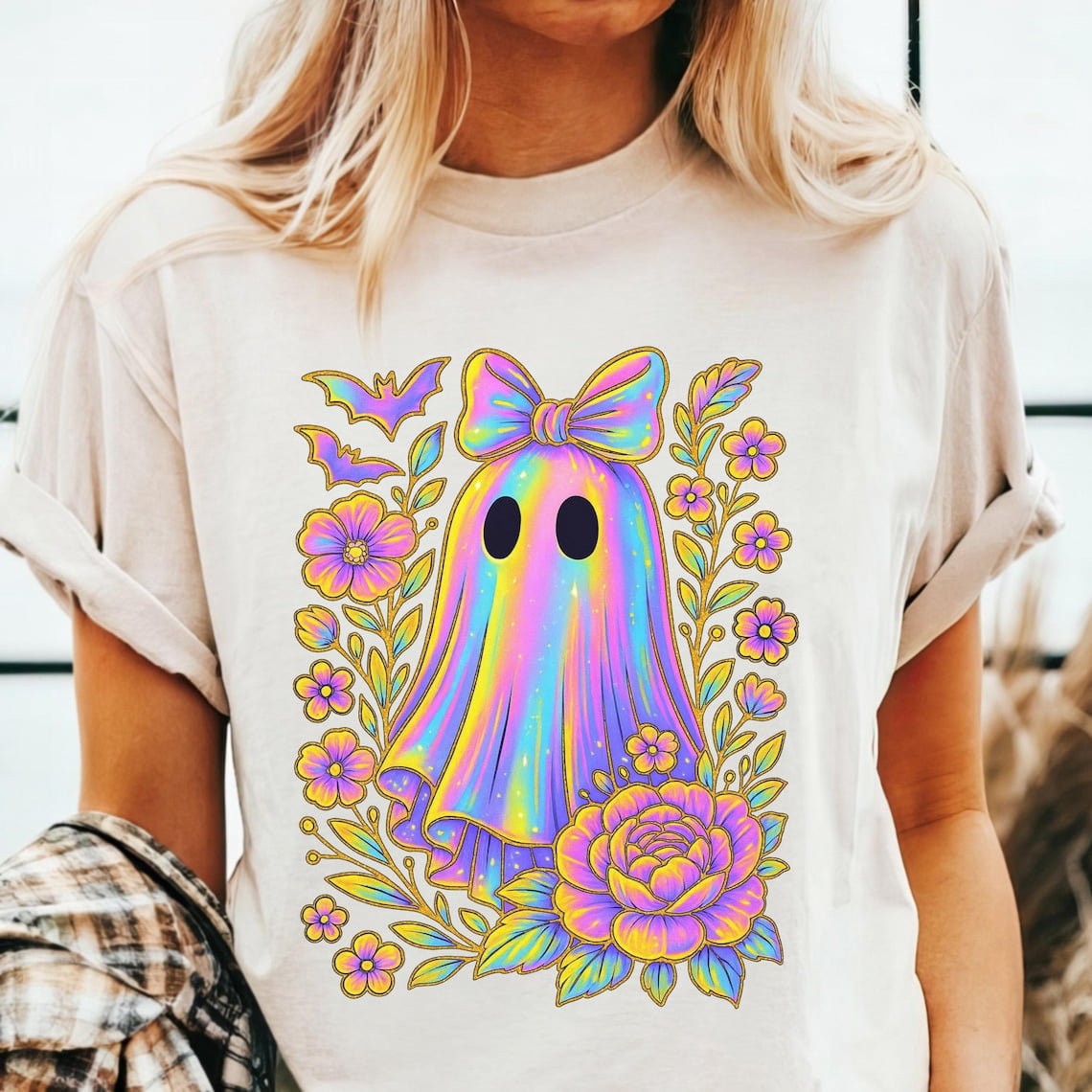 Pastel Rainbow Ghost Shirt, Halloween Tee, Cute Spooky Floral Ghost ...
