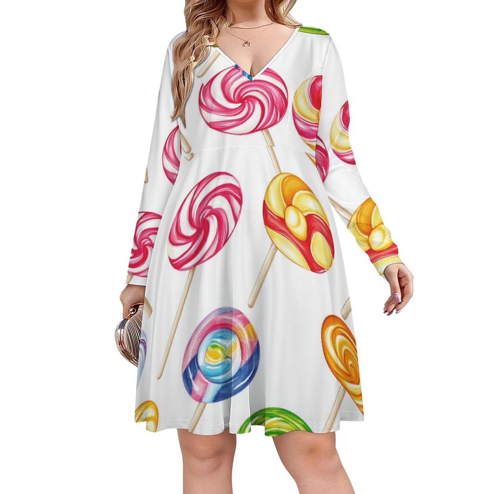 Pastel Rainbow Lollipop Long Sleeve Dresses For Women Vintage Elegant Party Dress Oversized V ...