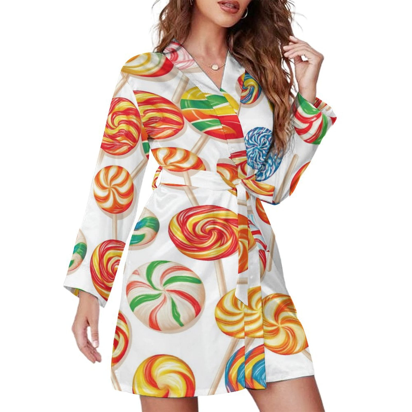 Pastel Rainbow Lollipop Night Robe Long Sleeve V Neck Robe With Belt ...