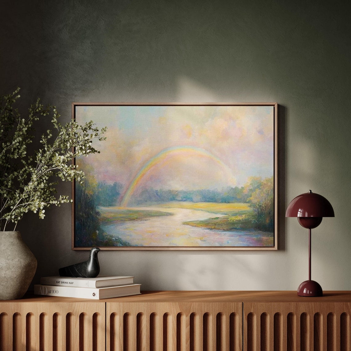 Pastel Rainbow Over Serene River Wall Art - Calming Landscape Hangable ...