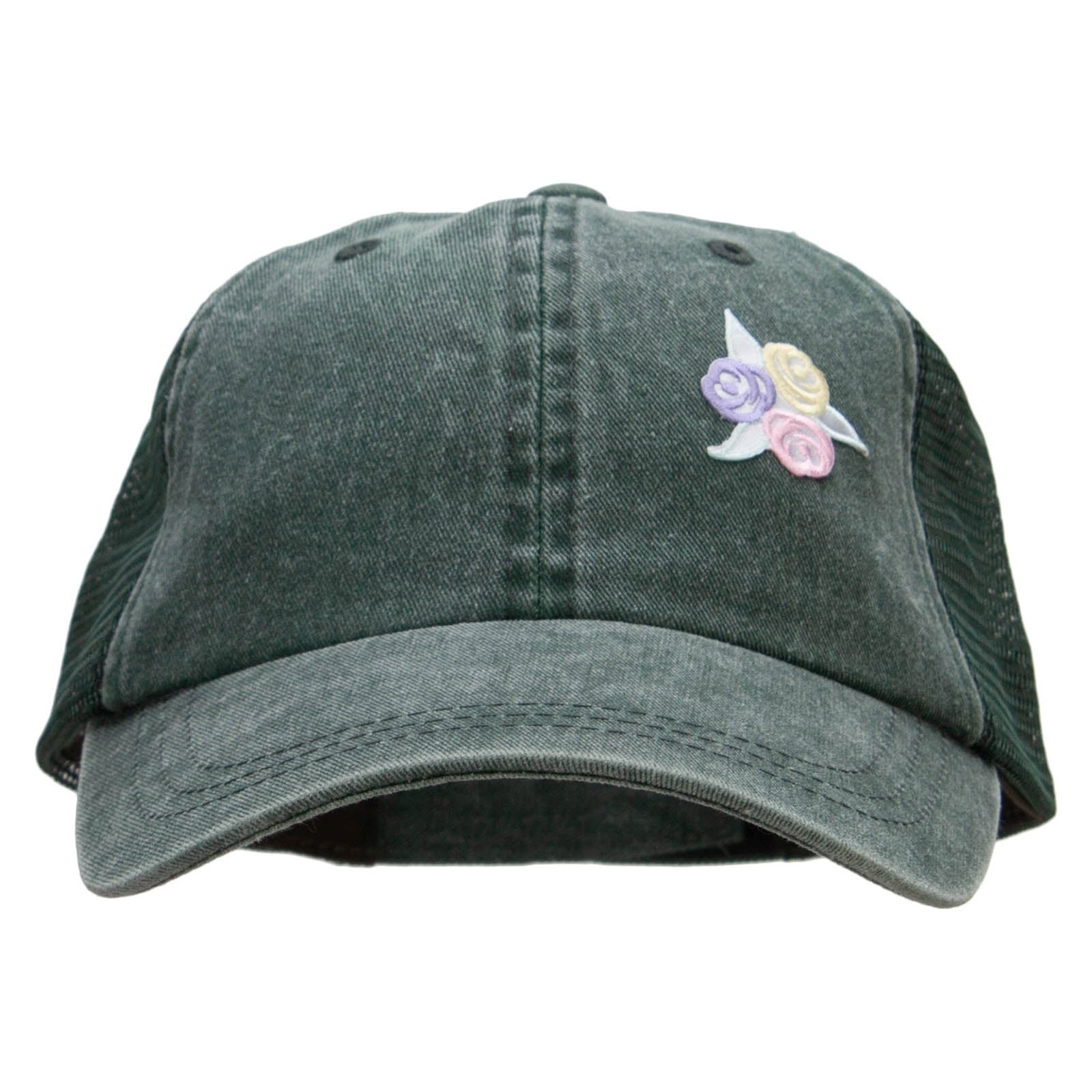 Pastel Rose Bud Cluster Patched Washed Trucker Cap - Dark Green OSFM ...