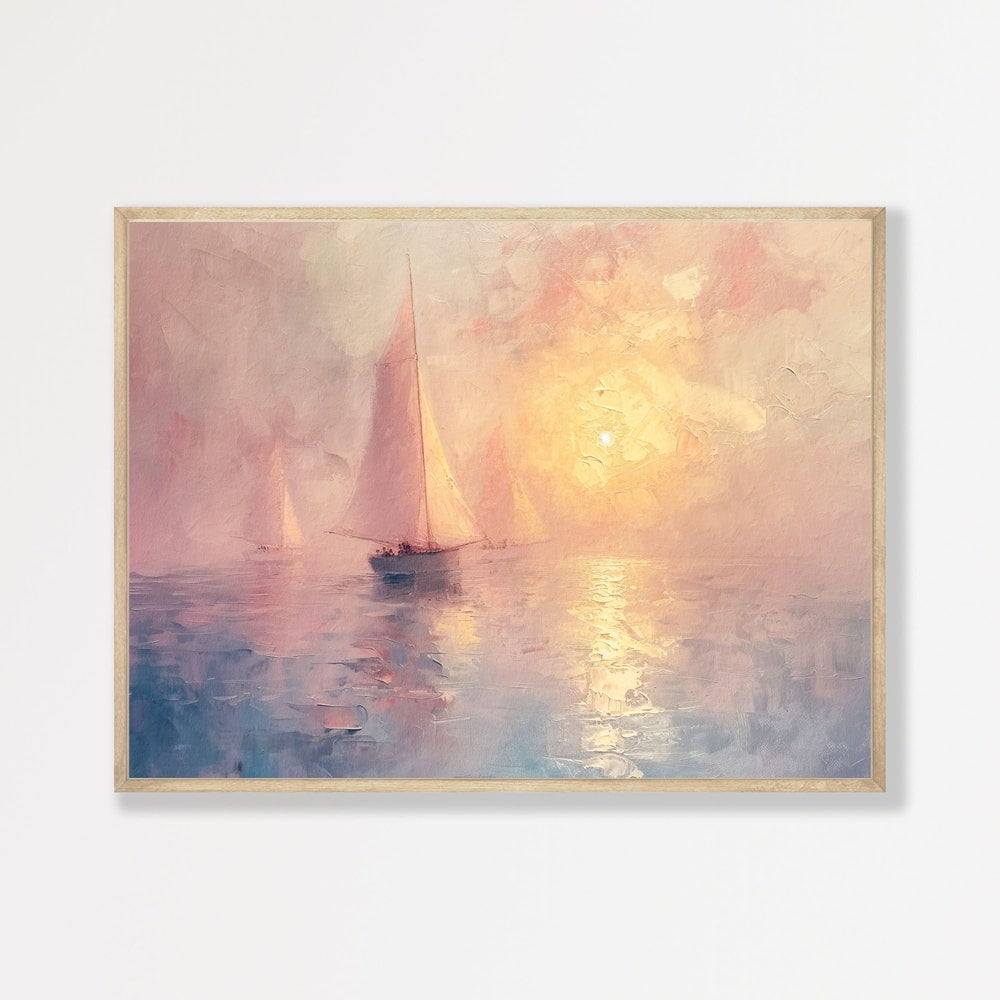 Pastel Sailboat Painting, Retro Coastal Seascape Wall Art, Minimalist ...