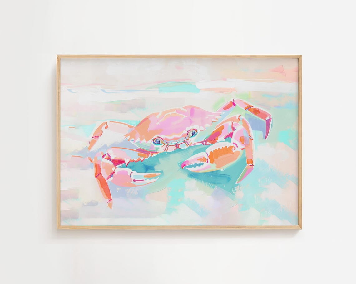 Pastel Sea Crab Colorful Sea Life Coastal Decor Art Beach Summer House ...