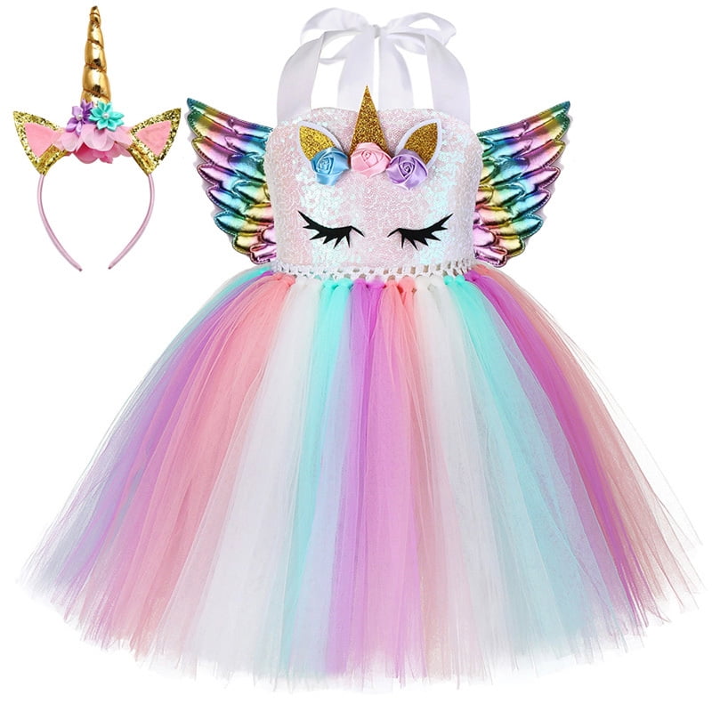 Pastel Sequins Girls Unicorn Dress with Wings Headband Outfit Toddler ...