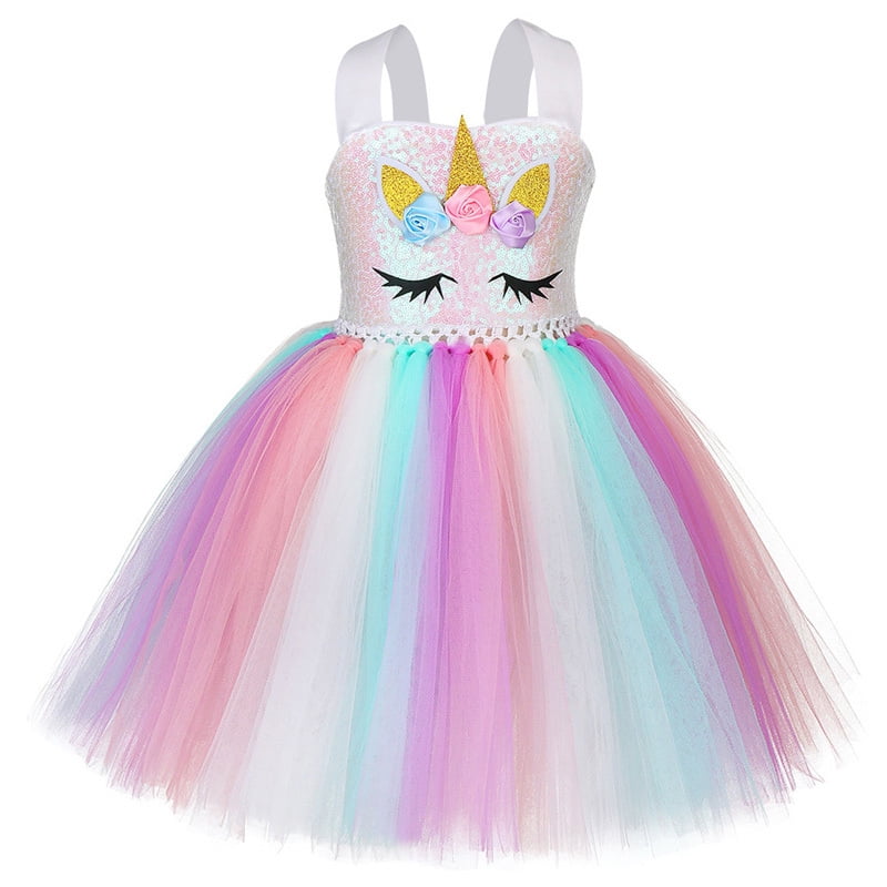 Pastel Sequins Girls Unicorn Dress with Wings Headband Outfit Toddler ...