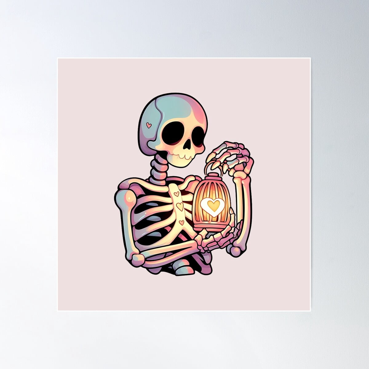 Pastel Skeleton With Heart Lantern Illustration Poster Wall Art, Modern ...