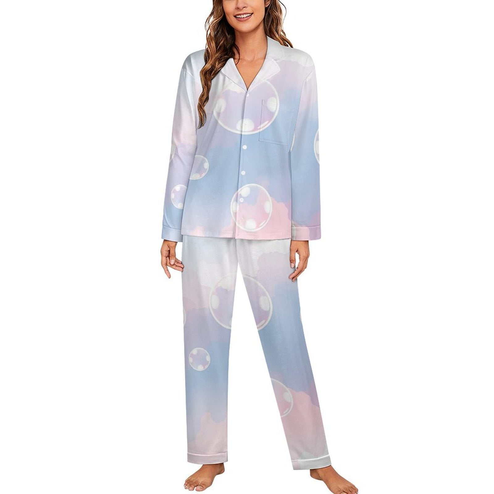 Pastel Sky Bubbles Pajamas Night V Neck Nightwear Lady Two Piece Long ...