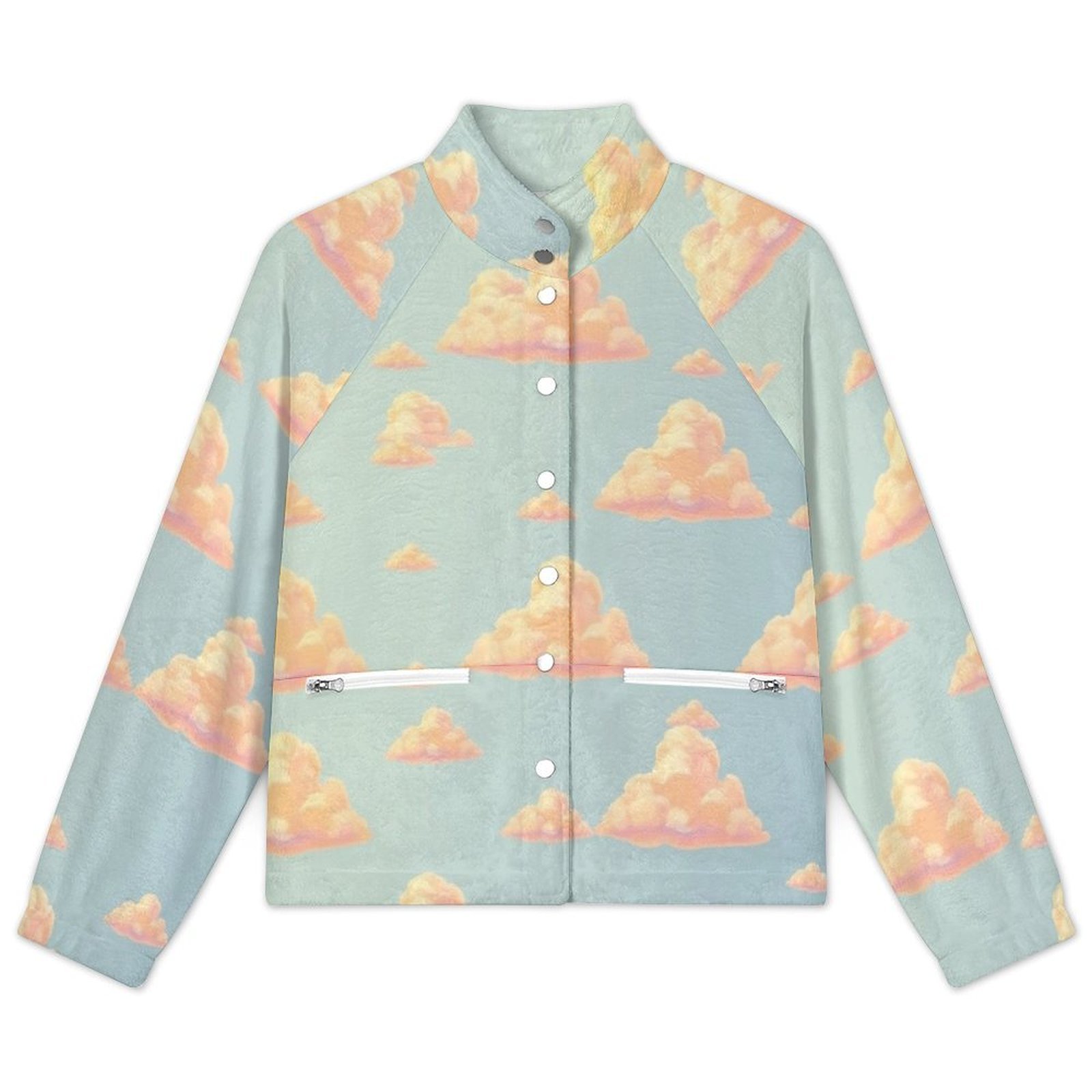 Pastel Sky Clouds Warm Women's Plush Jacket Stand Collar Full Sleeve ...