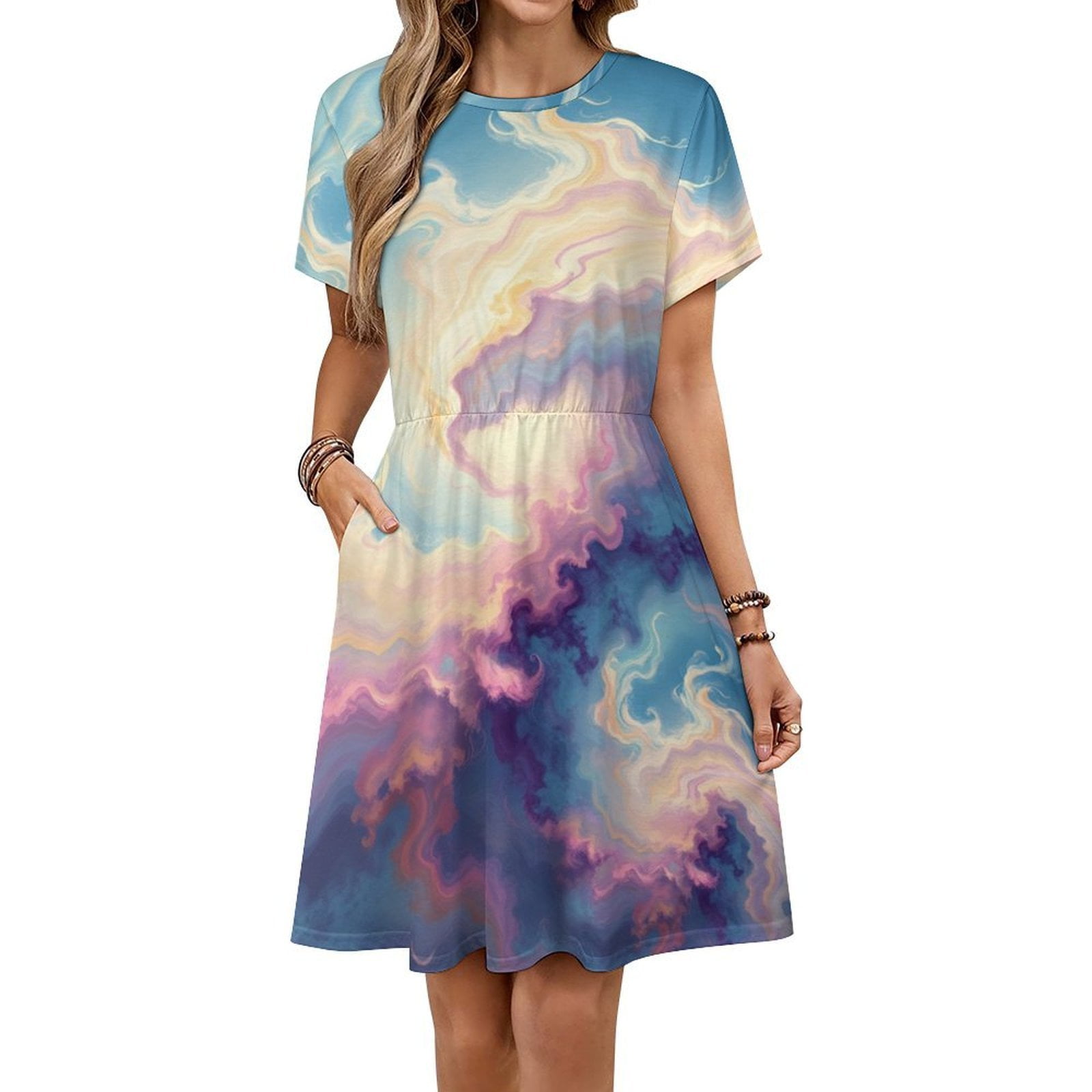 Pastel Sky Swirls Fantasy Dress Fashion Beach Short Sleeve Dresses ...