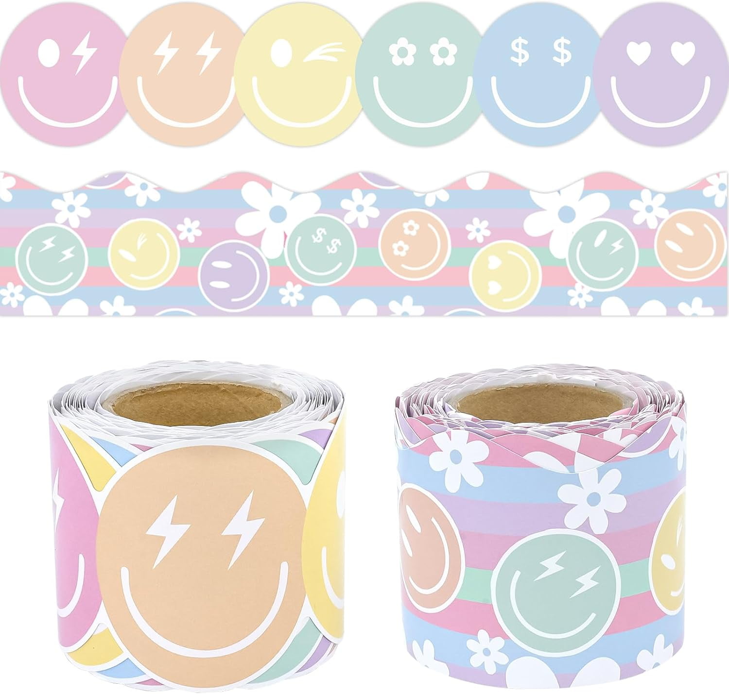 Pastel Smiley Face Bulletin Board Borders, 72Ft Colorful Retro Die Cut ...