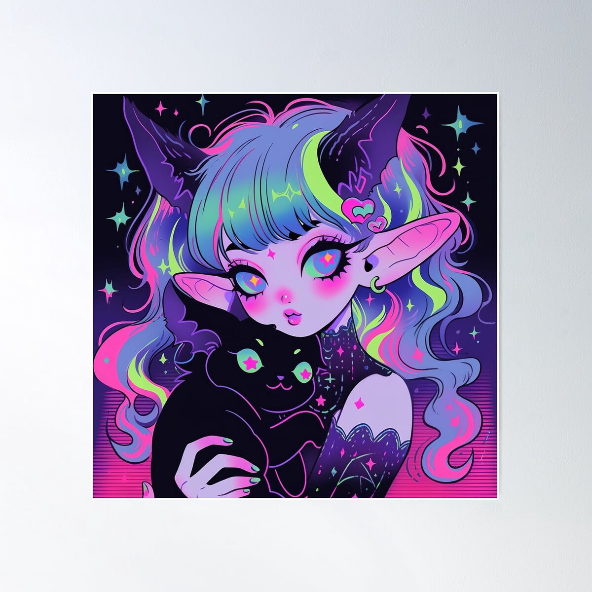 Pastel Sparkle Neko Anime Girl Poster Wall Art, Modern Wall Decor For ...