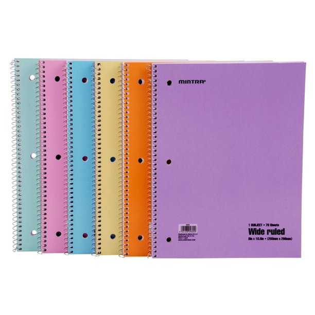 Pastel Spiral Notebook, Wide Ruled (70 Count, 6 Pack) - Walmart ...