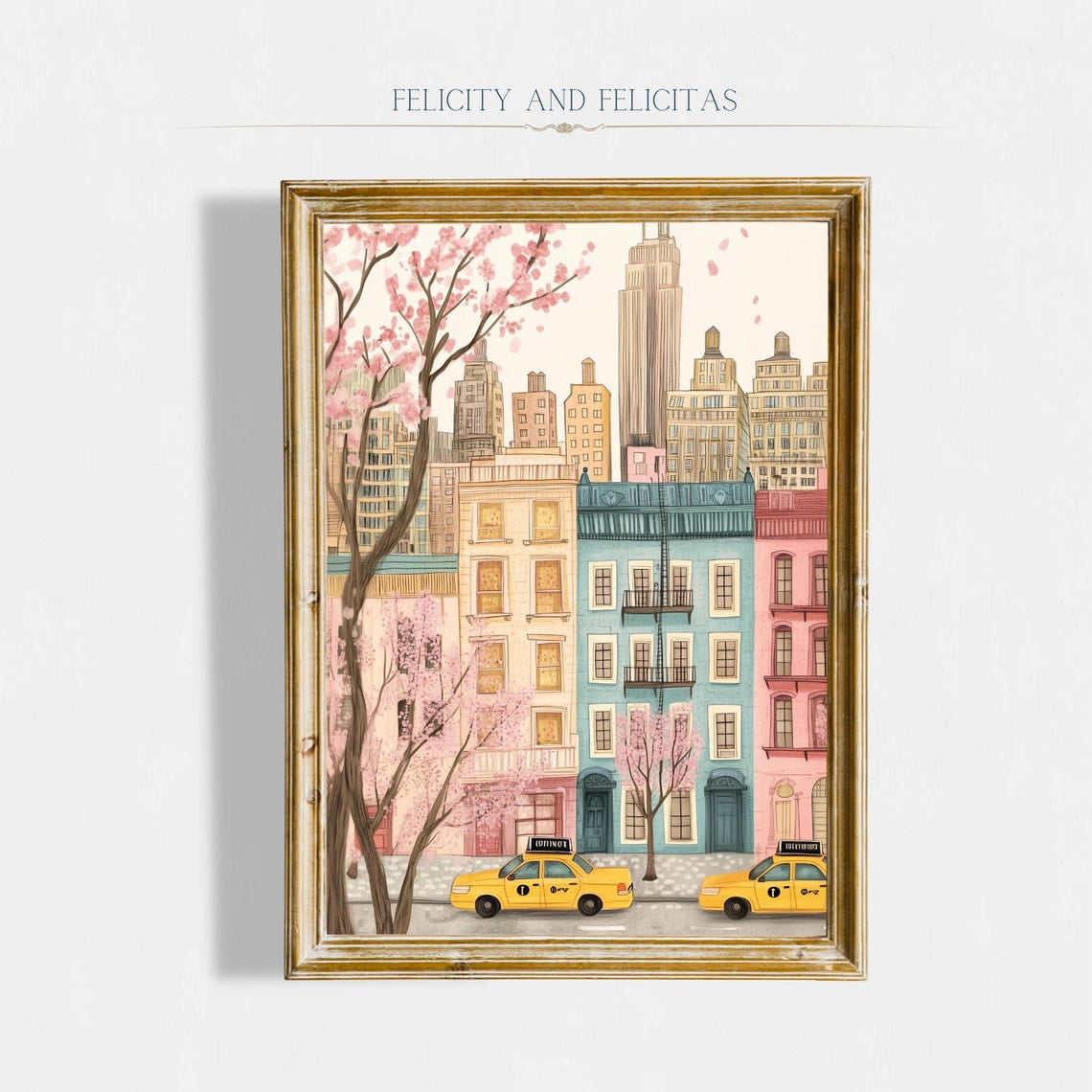 Pastel Spring City Wall Art, Cute Spring Cityscape Painting, Springtime ...