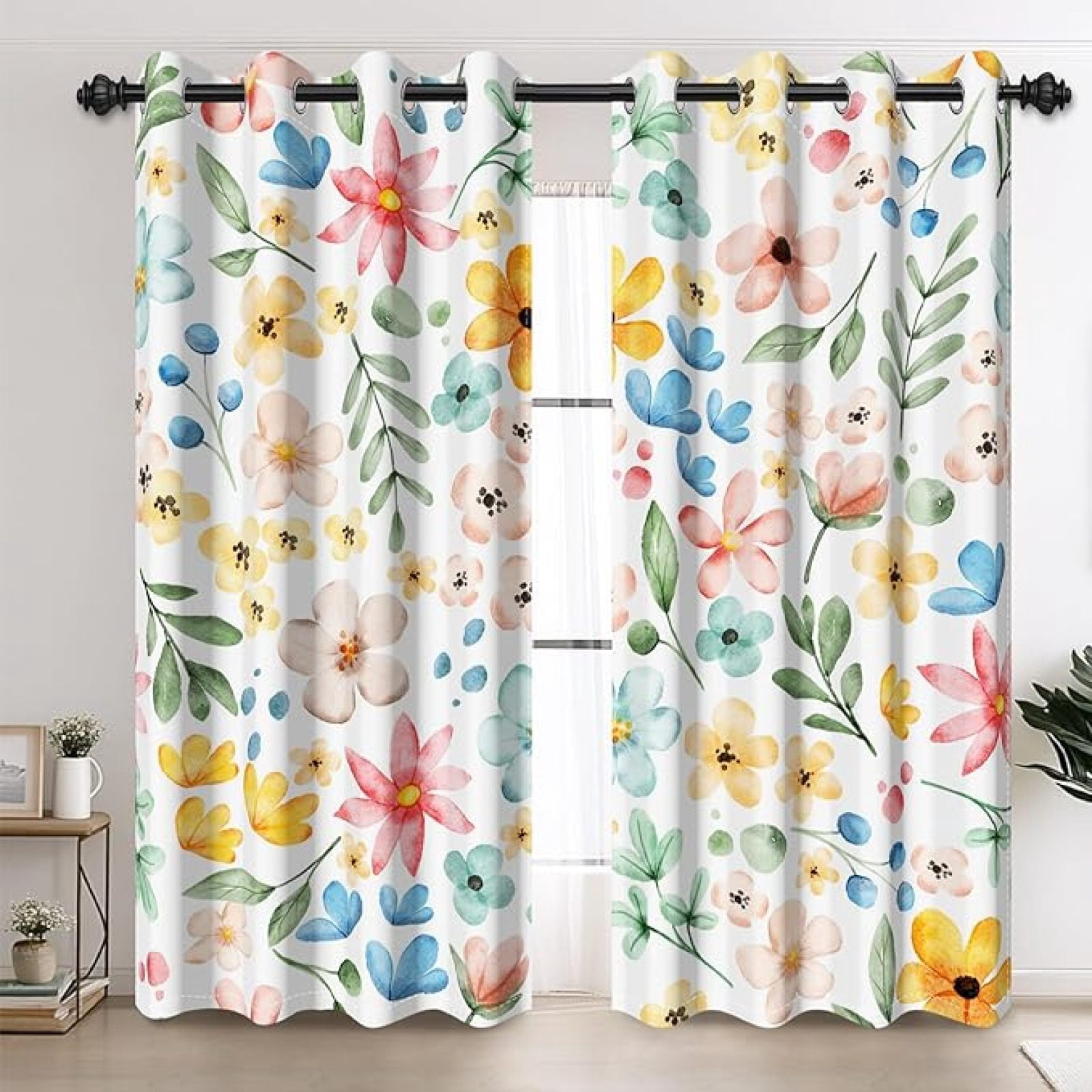 Pastel Spring Flowers With Green Leaves Grommet Room Darkening Curtains ...