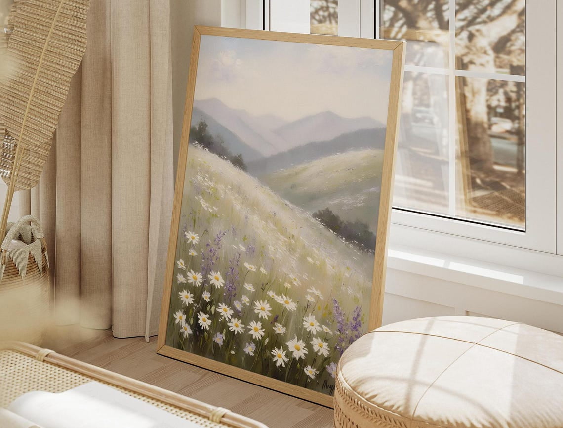 Pastel Spring Meadow : Aster & Lavender Wildflower Landscape, Unframed ...