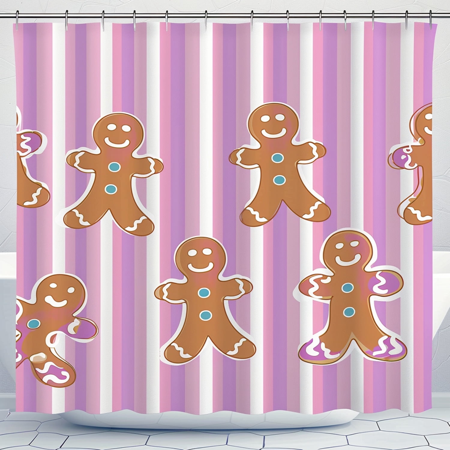 Pastel Striped Gingerbread Man Shower Curtain Pink & Purple Bathroom ...