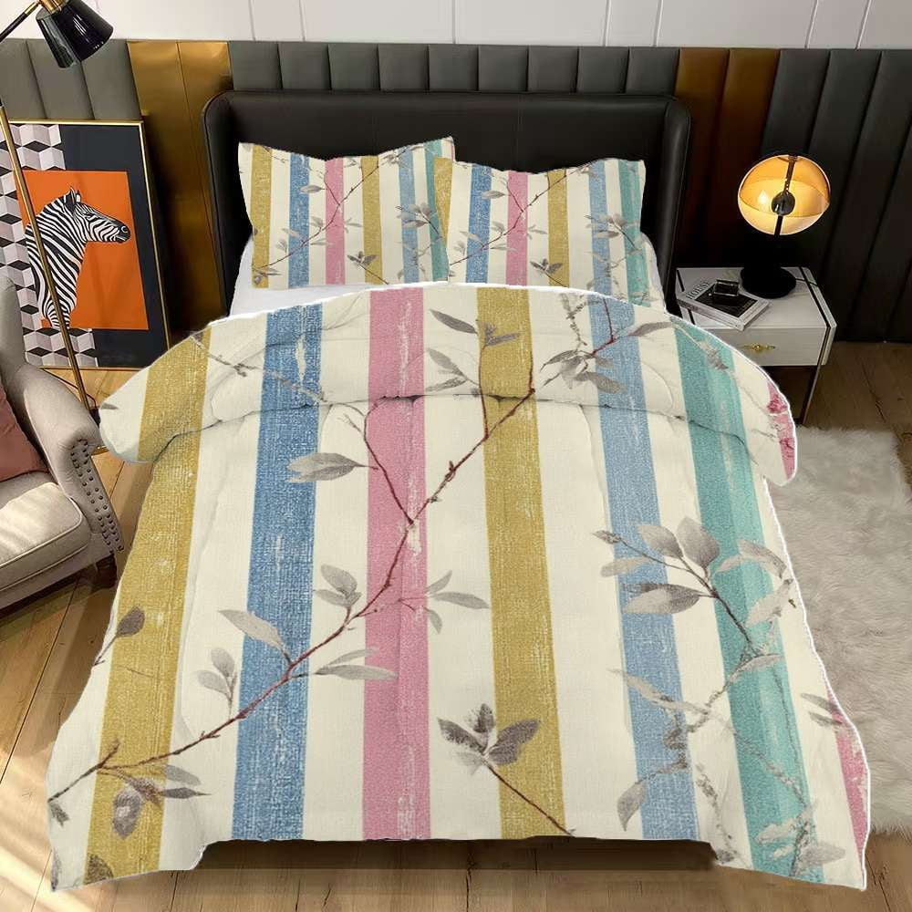 Pastel Stripes Floral Branches Design Comforter Set Queen Size Bedding ...