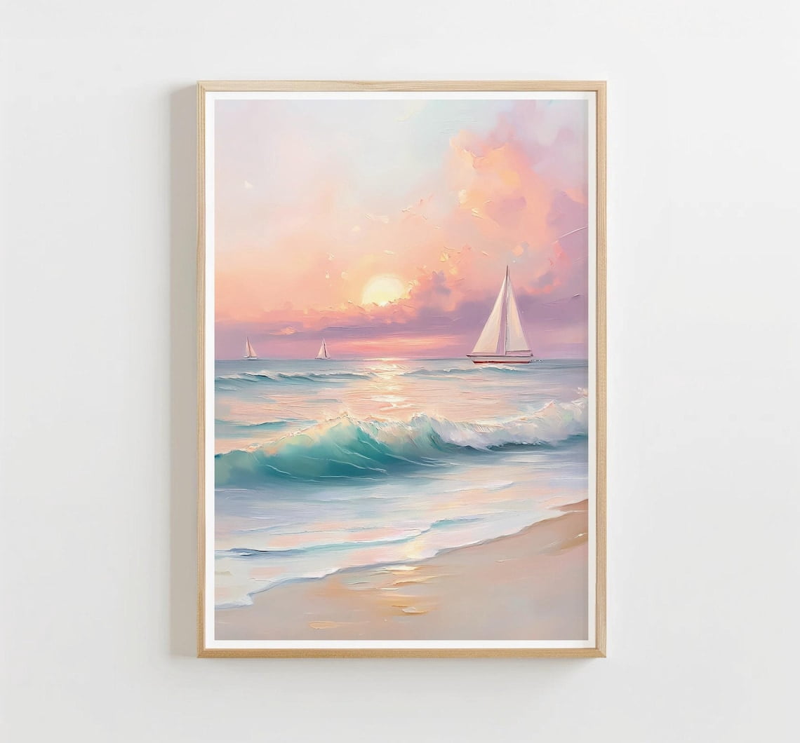 Pastel Sunset Coastal Vintage Pink Beach Poster Classic Calm Sea ...