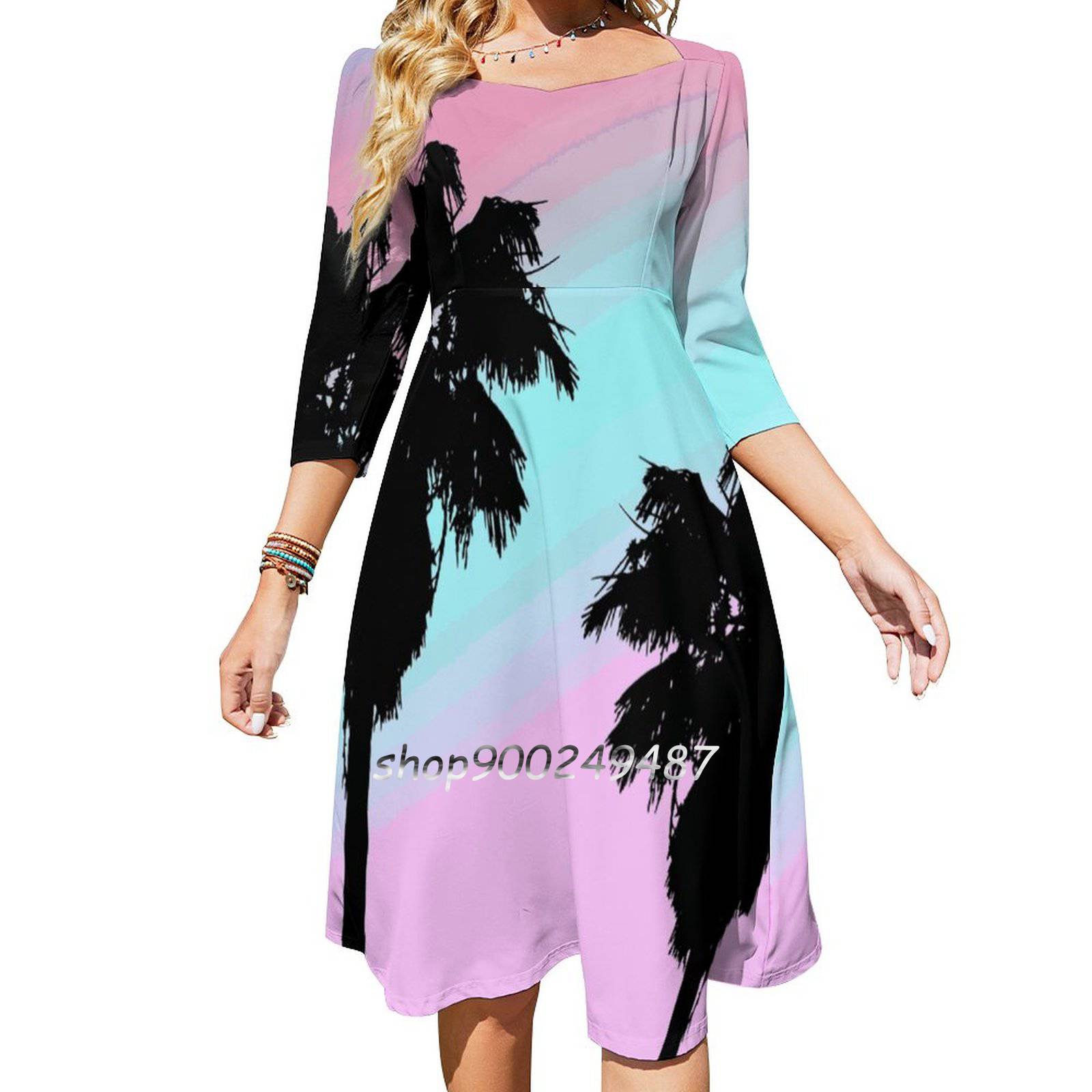 Pastel Sunset Palm Trees Evening Party Dresses Midi Sexy Dress Female ...