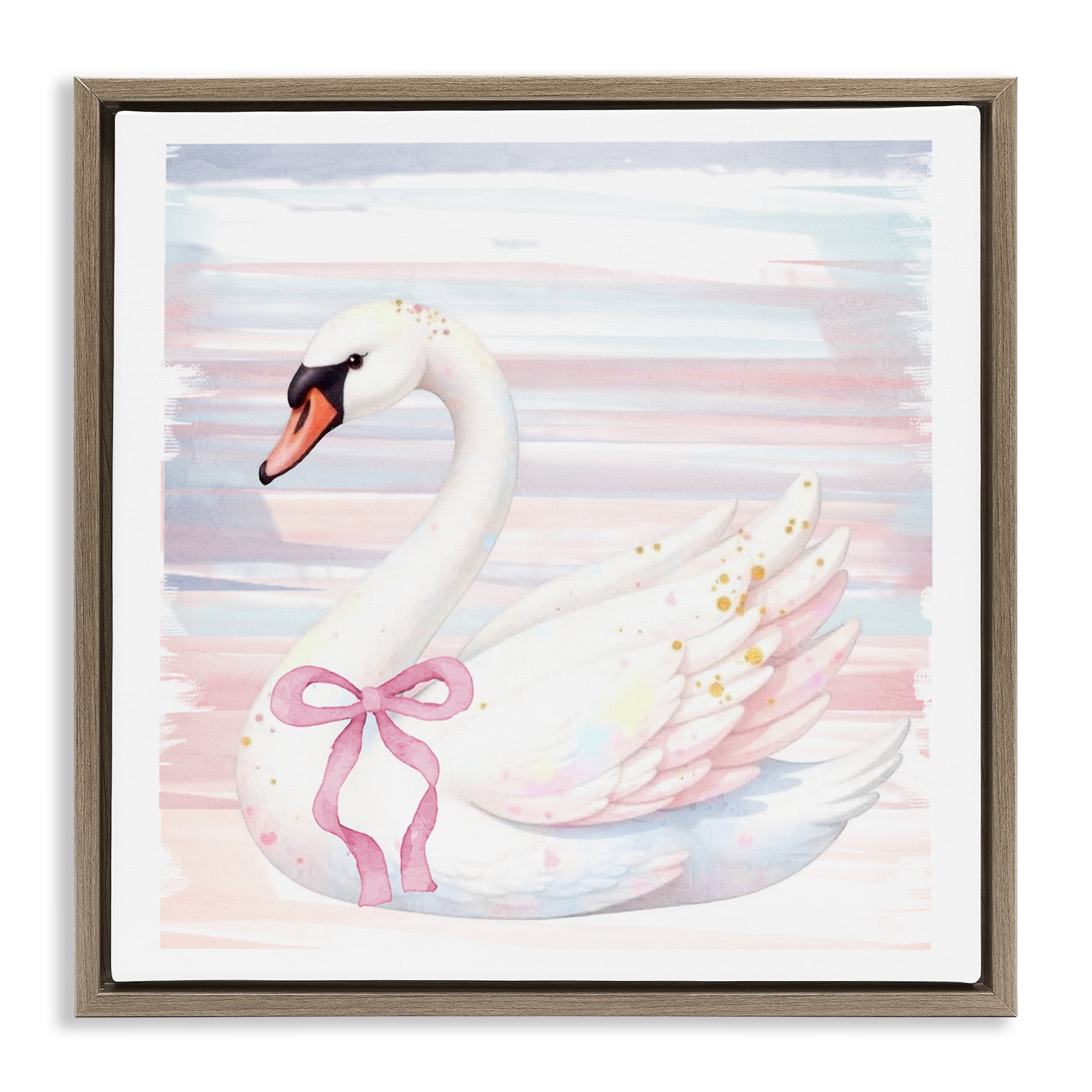 Pastel Swan with Ribbon Brown Framed Floater Canvas Wall Art, design by ...