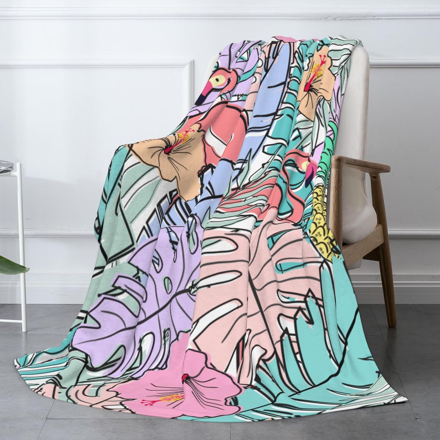 Pastel Tropical Leafs Flamingo Blanket for Couch Bed Throw Blanket ...