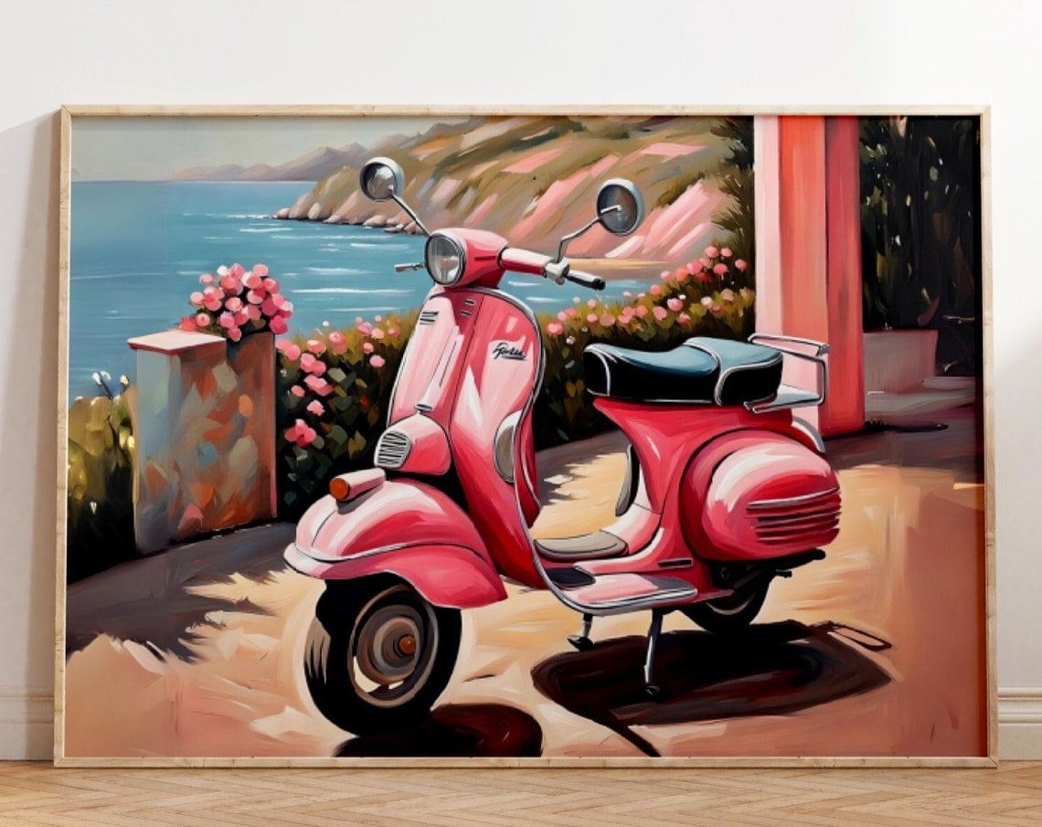 Pastel Vespa Painting, Amalfi Coast Wall Art, Italian Pink Coastal ...
