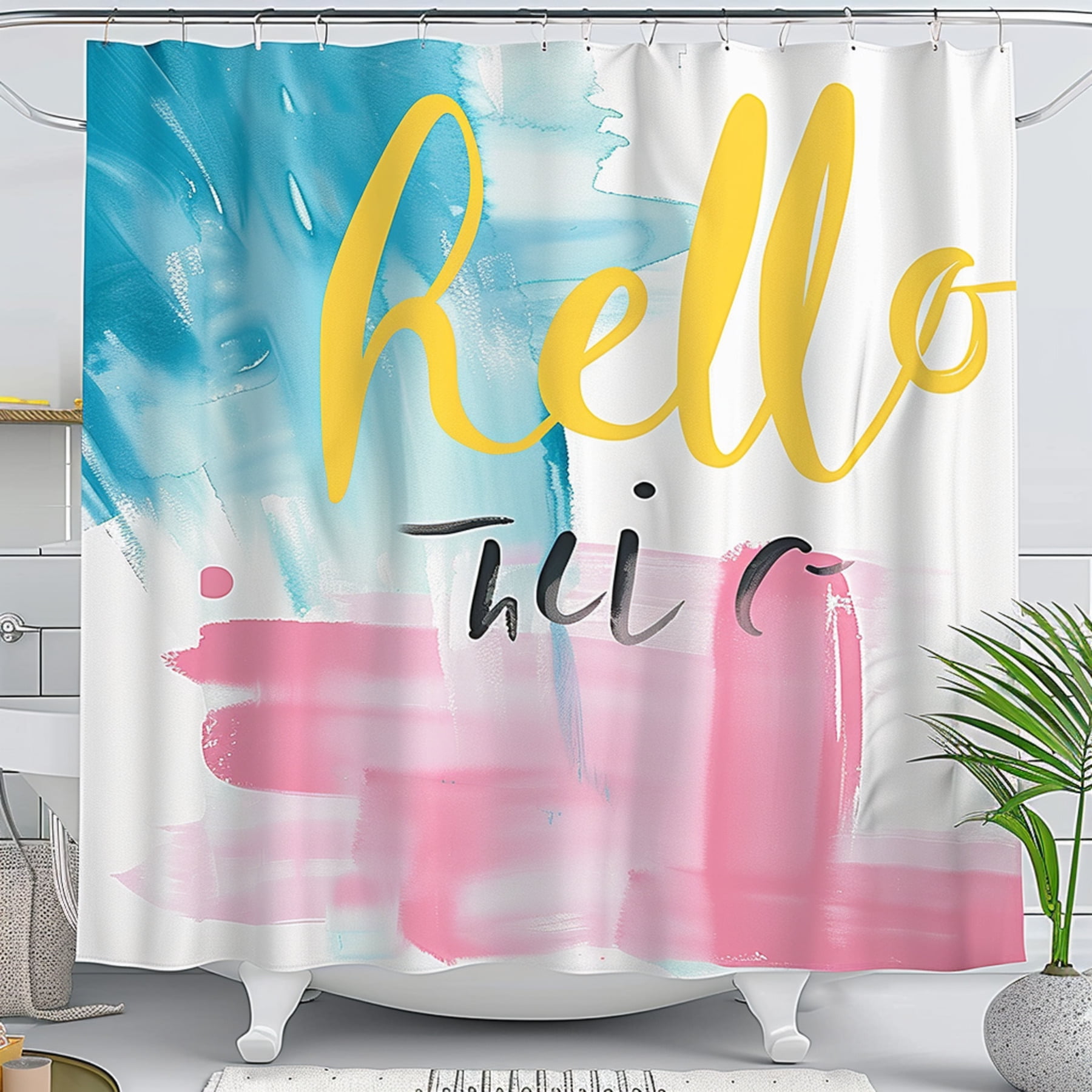 Pastel Watercolor Brush Shower Curtain with Hello Cursive Font Modern ...