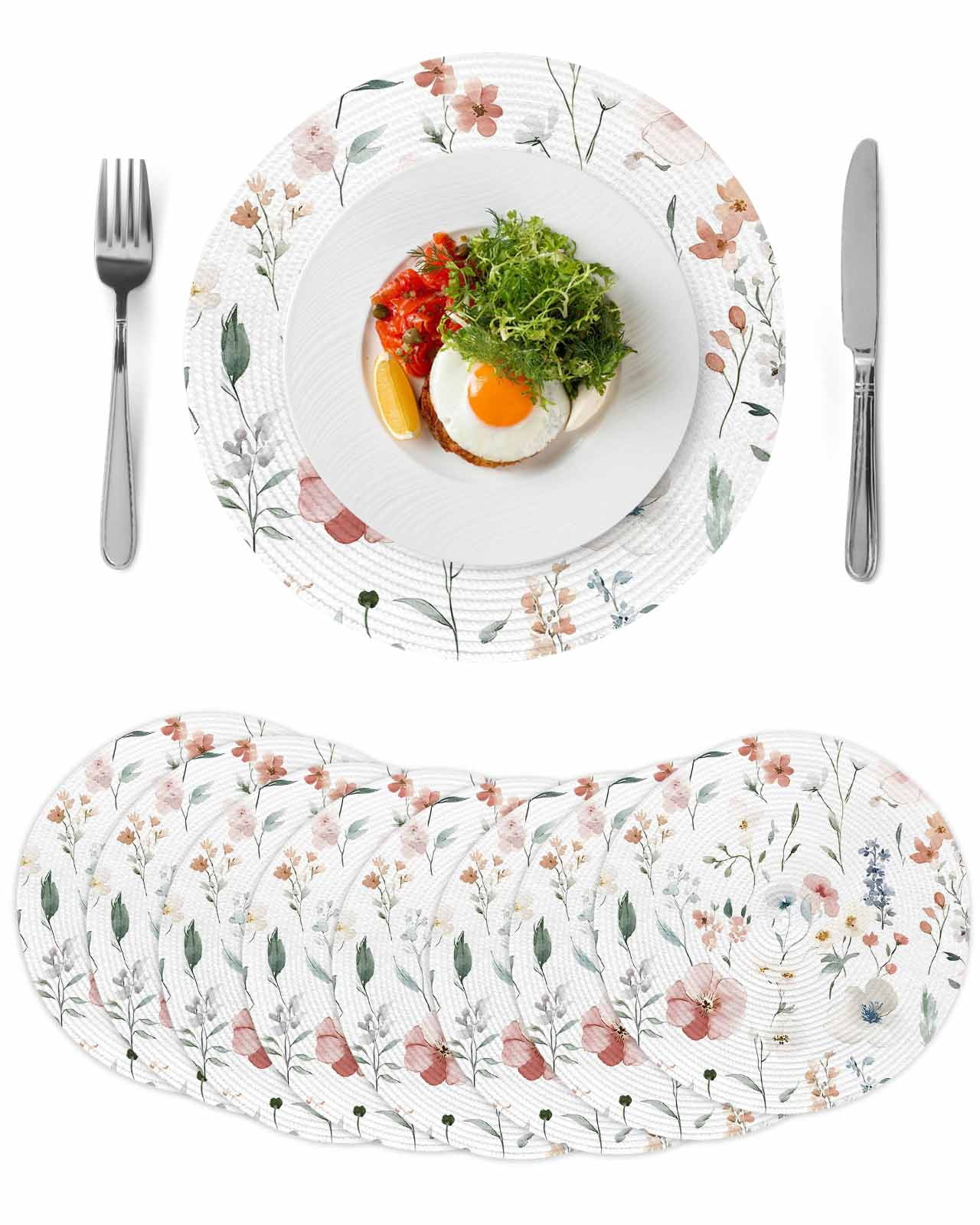 Pastel Watercolor Floral Round Table Placemats set of 8, Rustic Spring ...