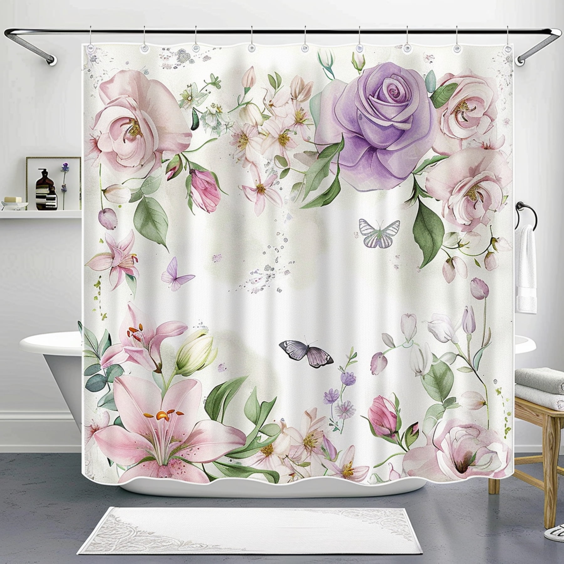 Pastel Watercolor Floral Shower Curtain Set Elegant Roses And Lilies