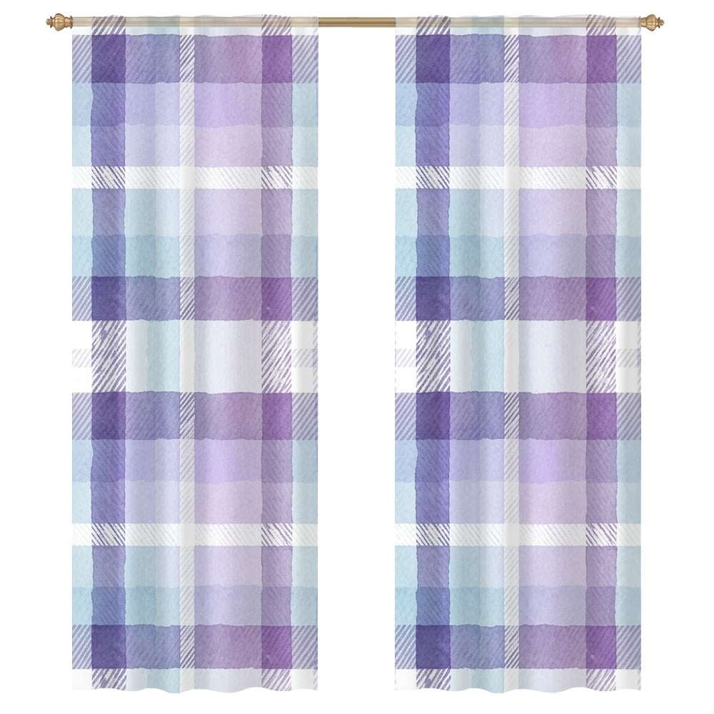 Pastel Watercolor Plaid Pattern Tulle Curtains For Living Room Chiffon ...