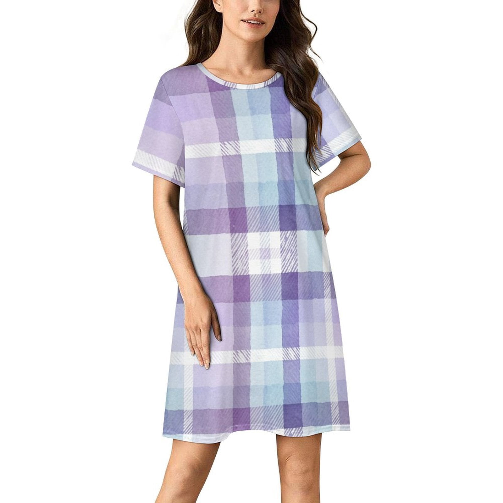 Pastel Watercolor Plaid Pattern Women Nightgown Sleepwear Short Sleeves ...