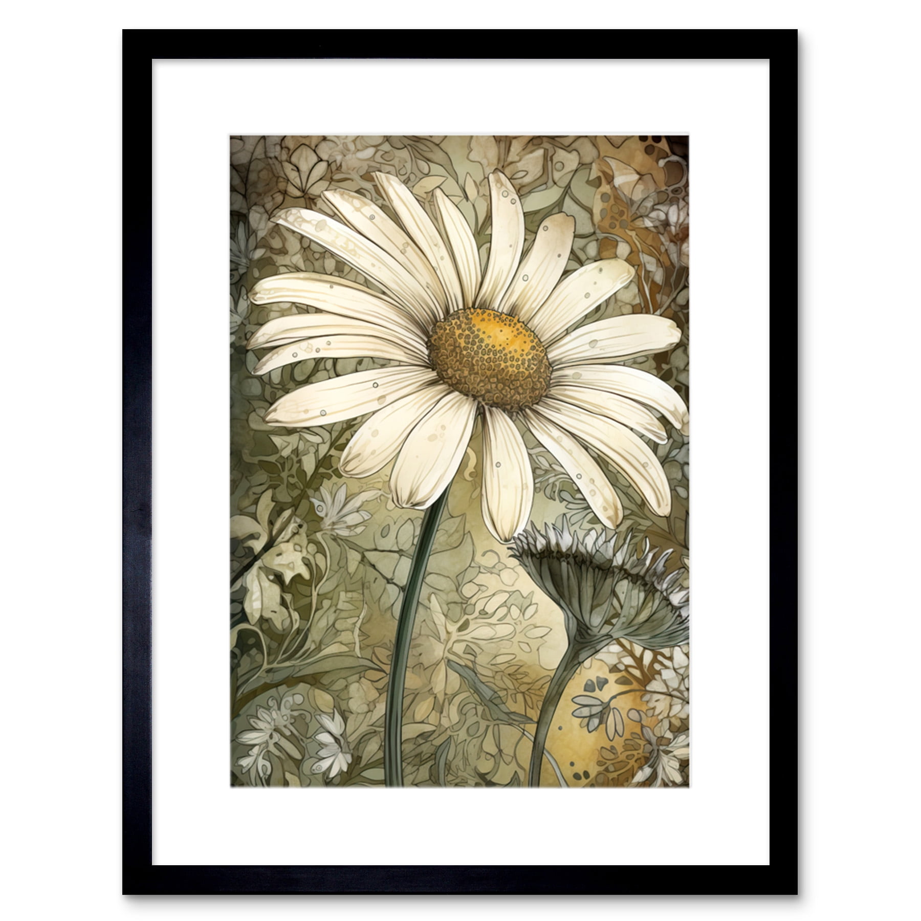 Pastel Watercolour Daisy Flower Bloom Illustration Artwork Framed Wall ...