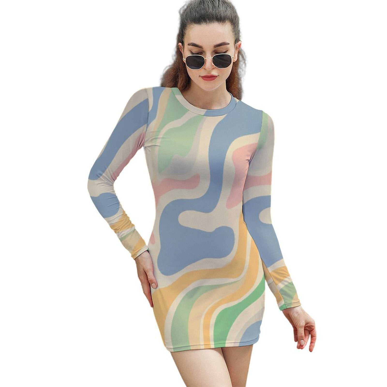 Pastel Wavy Abstract Design Women's Long Sleeve Bodycon Dress Soft ...