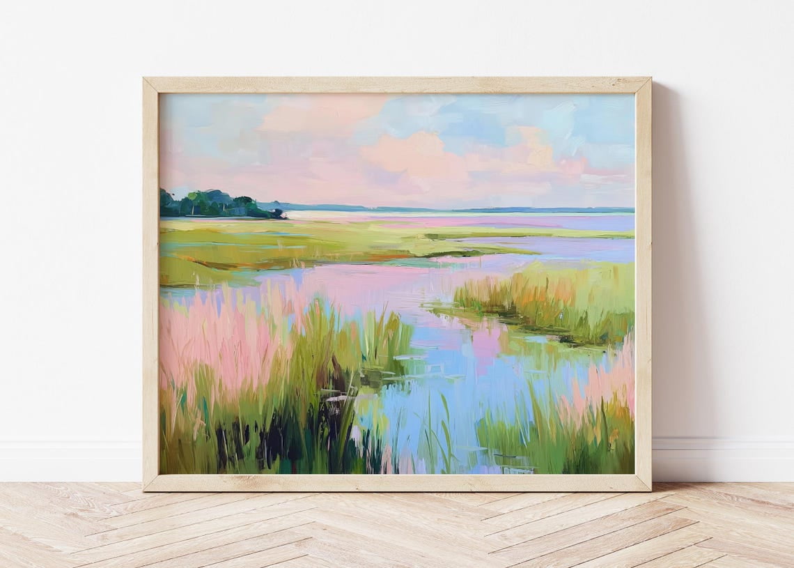 Pastel Wetlands Sunset Poster: Coastal Marsh Landscape, Beach House ...