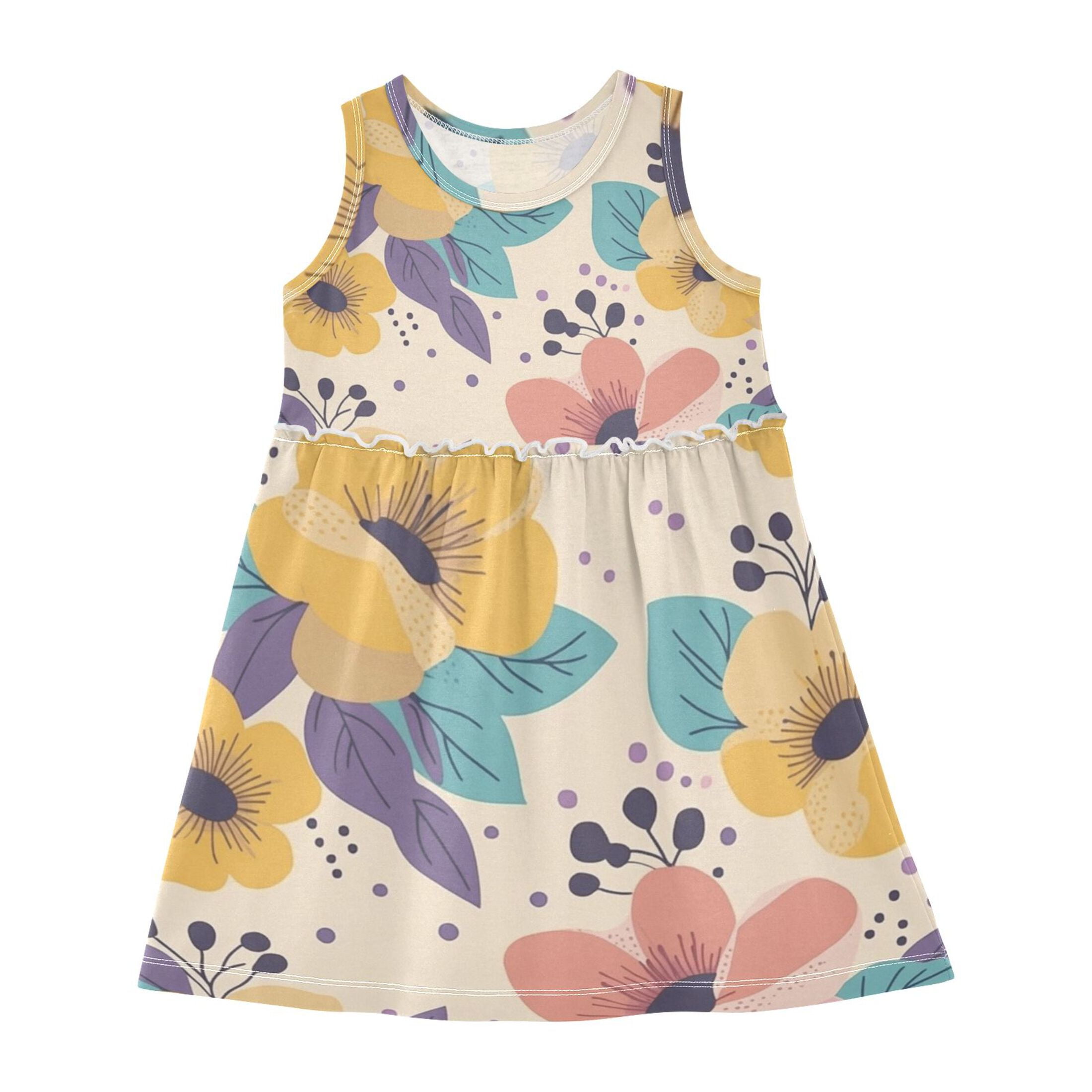 Pastel Yellow Pinkish Florals Leaves Girls' Sleeveless Dress A-Line One ...