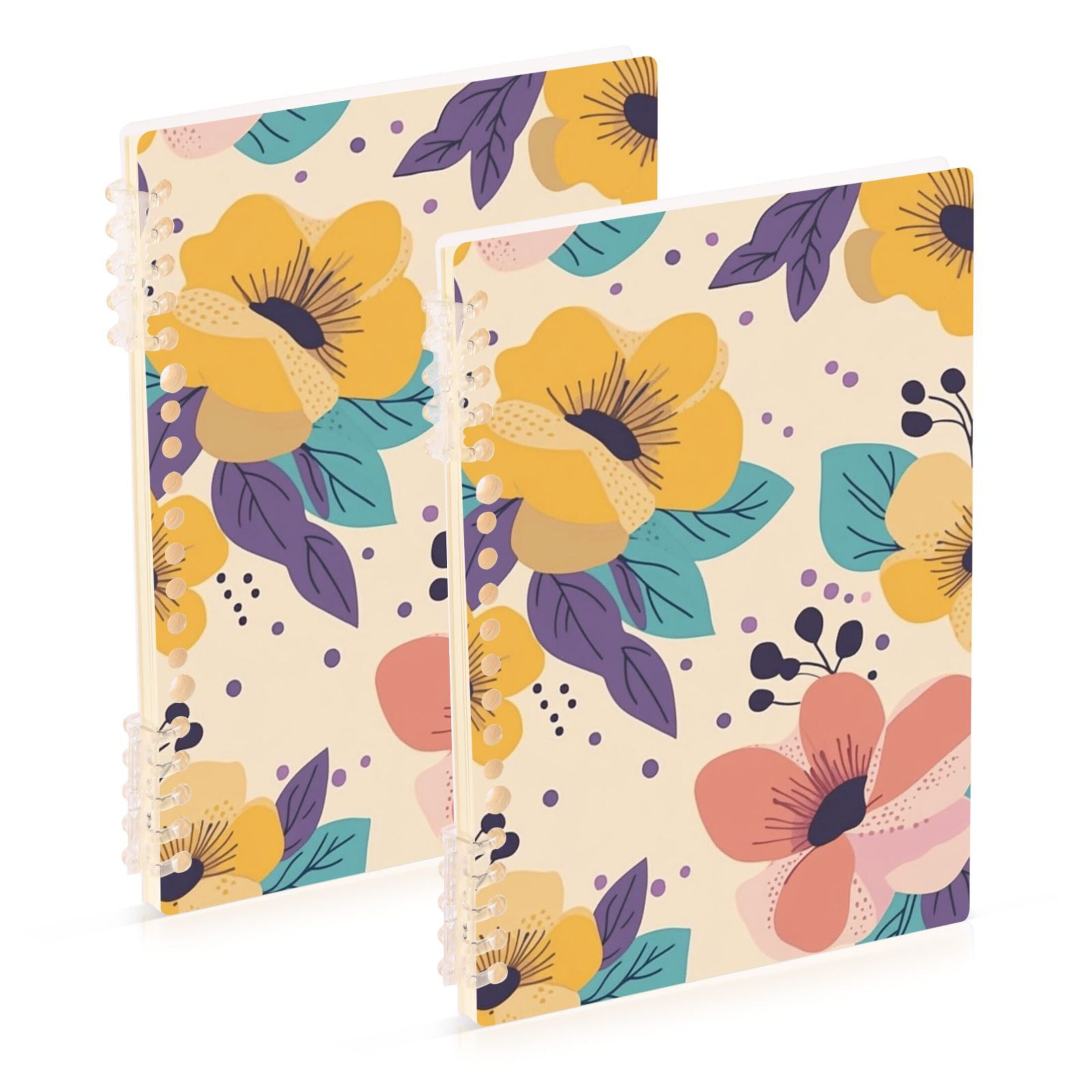 Pastel Yellow Pinkish Florals Leaves Notebook Detachable Coil Notebook Diary A5 Size 60 Pages 2 ...