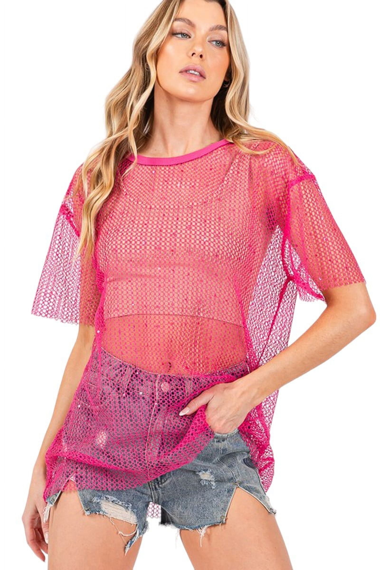 Pastel by Vivienne Women's Sparkle Fishnet Top Fuchsia Large - Walmart.com