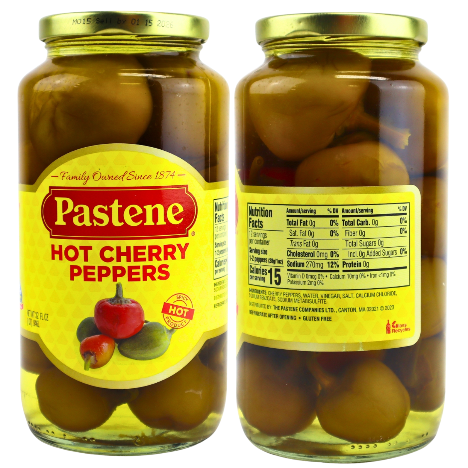 Pastene, Hot Cherry Peppers, 32 fl oz Resealable Glass Jar, Spicy ...