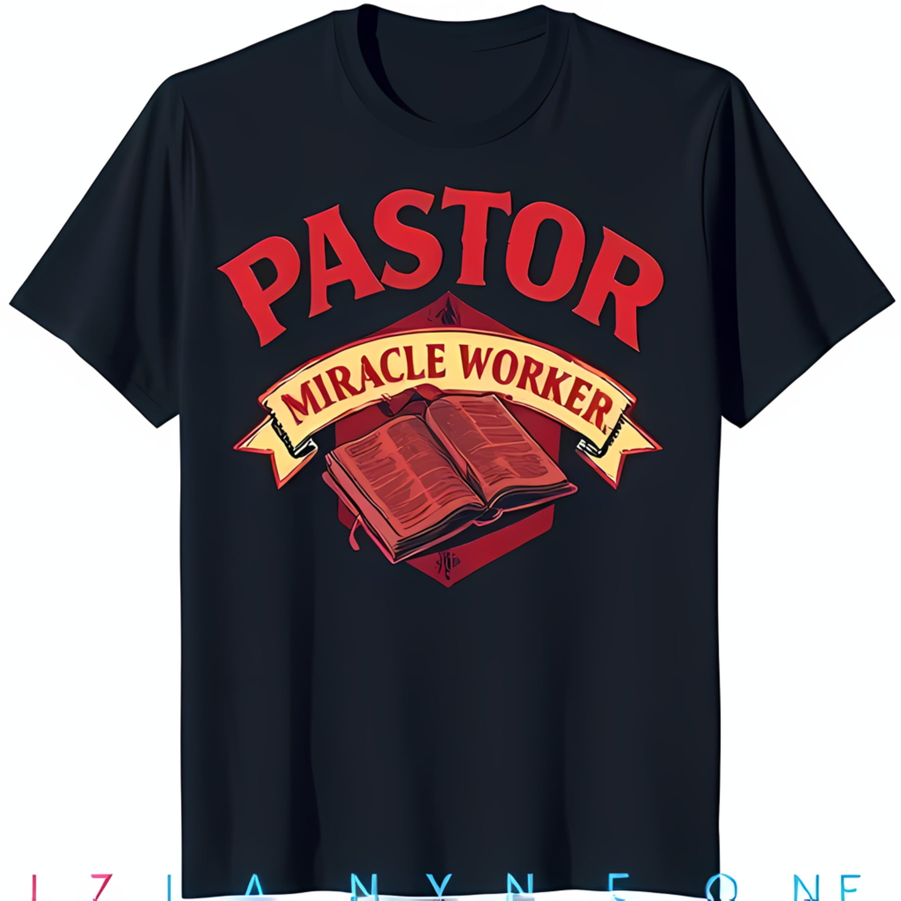 Pastor Miracle Worker Black T-Shirt with Red Open Book Design Faith ...