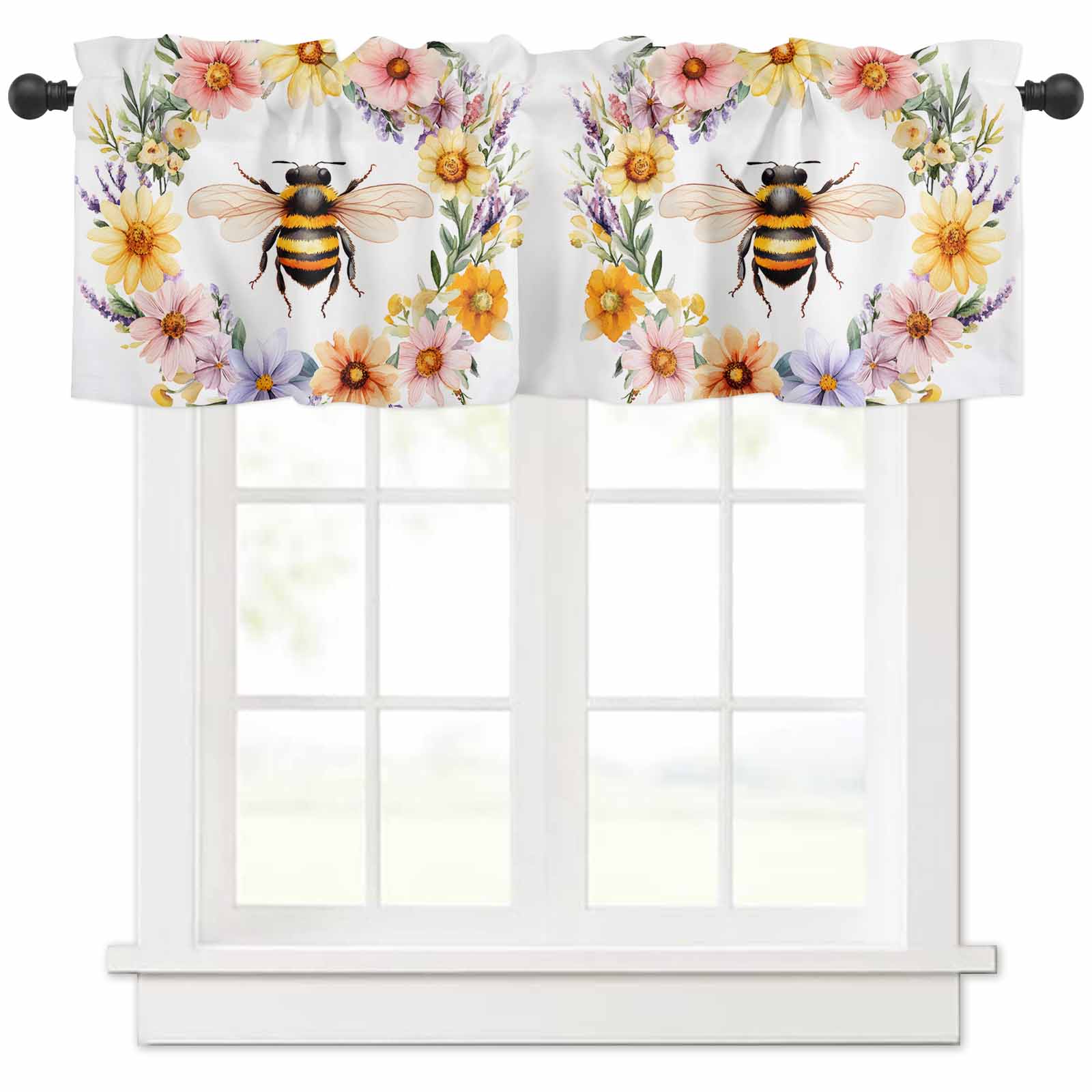 Pastoral Bee Wreath Valances for Windows Farmhouse Kitchen Curtains ...