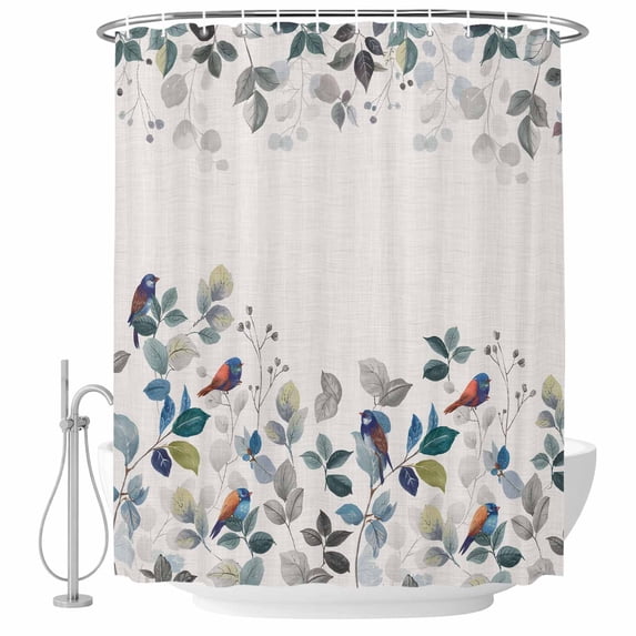 Pastoral Bird Bathroom Shower Curtains with Hooks, Eucalyptus Leaves ...