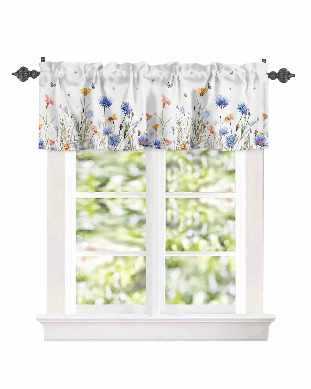 Pastoral Blue Floral Butterfly on White Window Valances for Kitchen,Rod ...