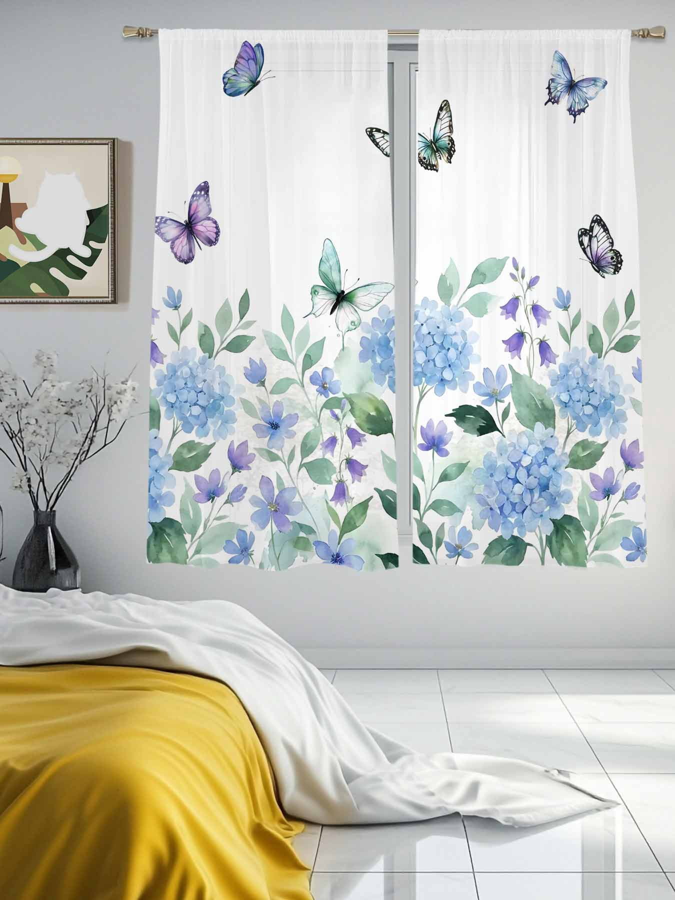 Pastoral Blue Hydrangea Green Leaf Chiffon Sheer Curtains 63 Inches ...