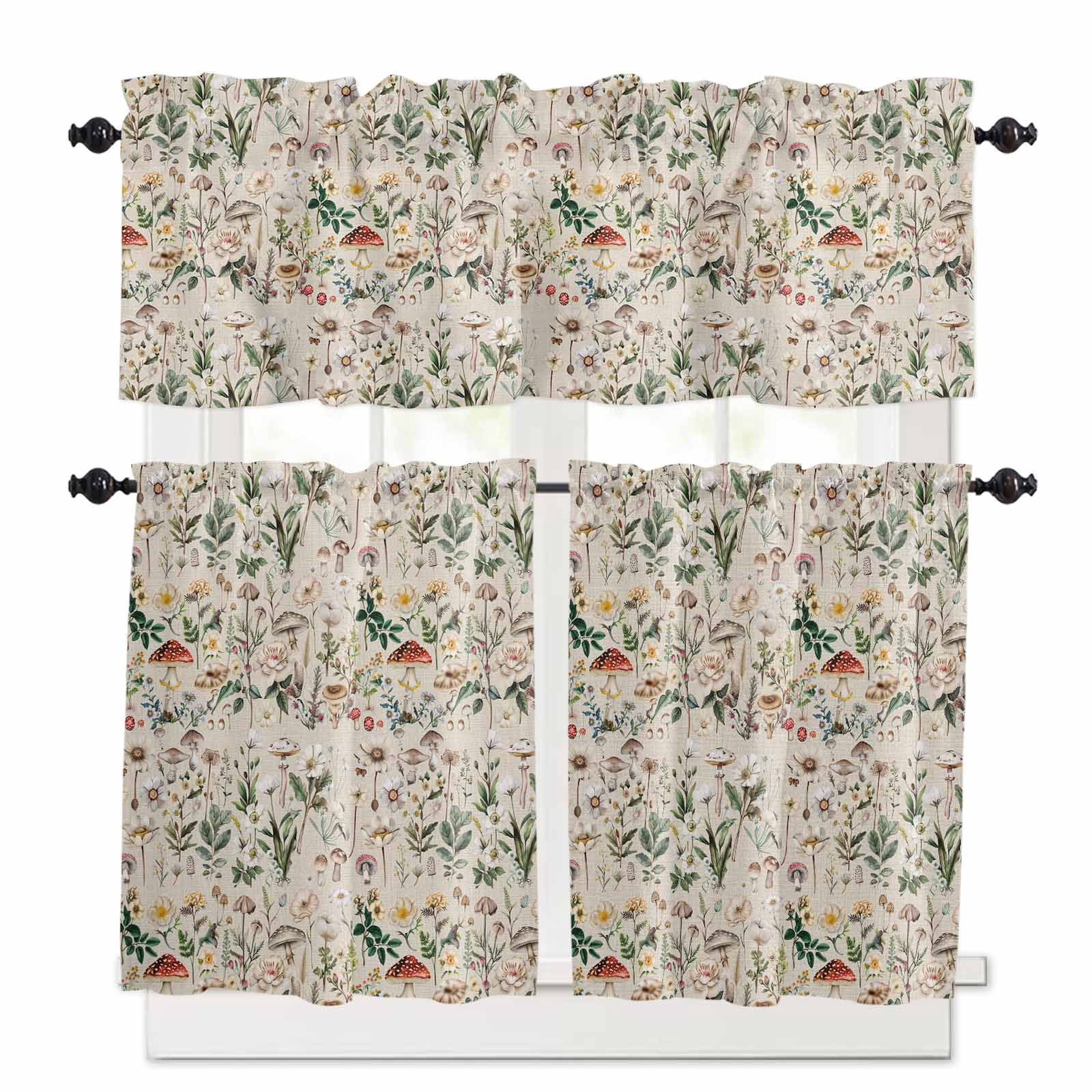 Pastoral Botanical Kitchen Curtain Set, Vintage Mushroom Spring Summer ...